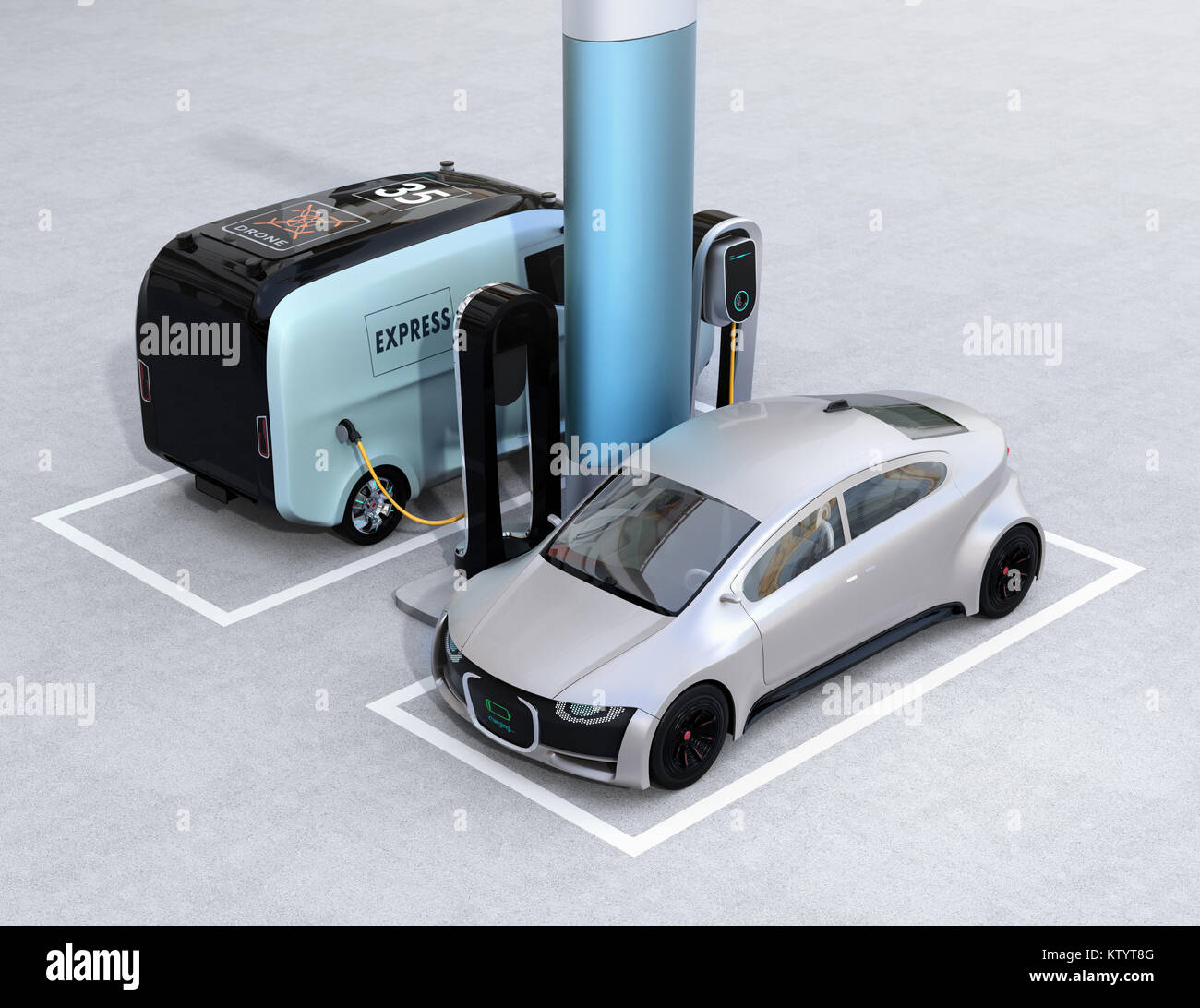 Electric delivery minivan and silver sedan charging at charging station ...