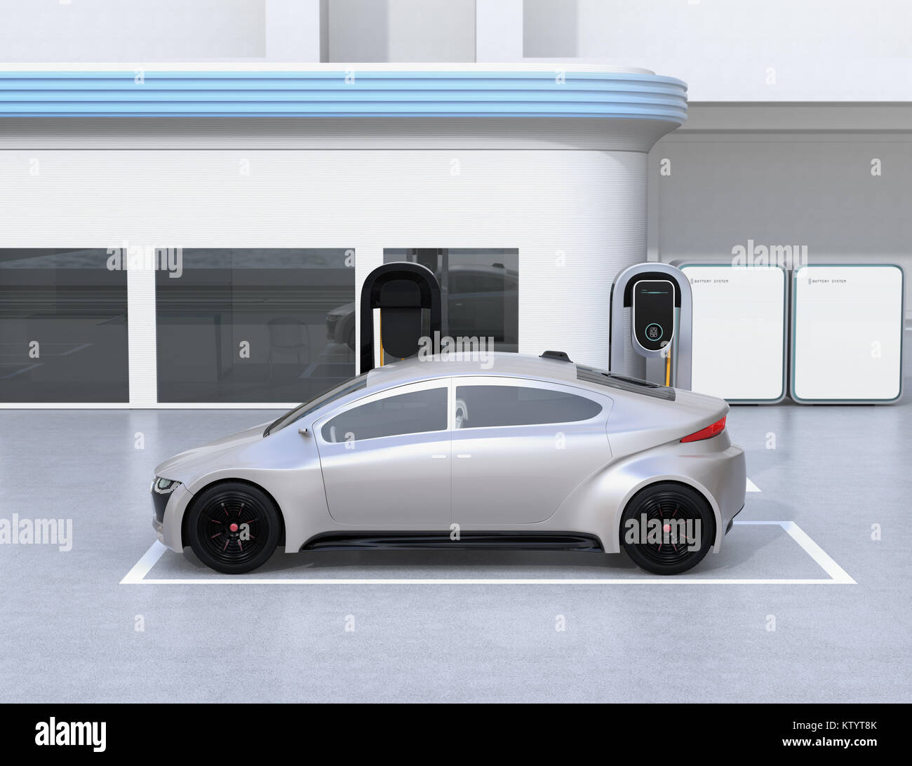 Side view of electric sedan charging at charging station. 3D rendering ...