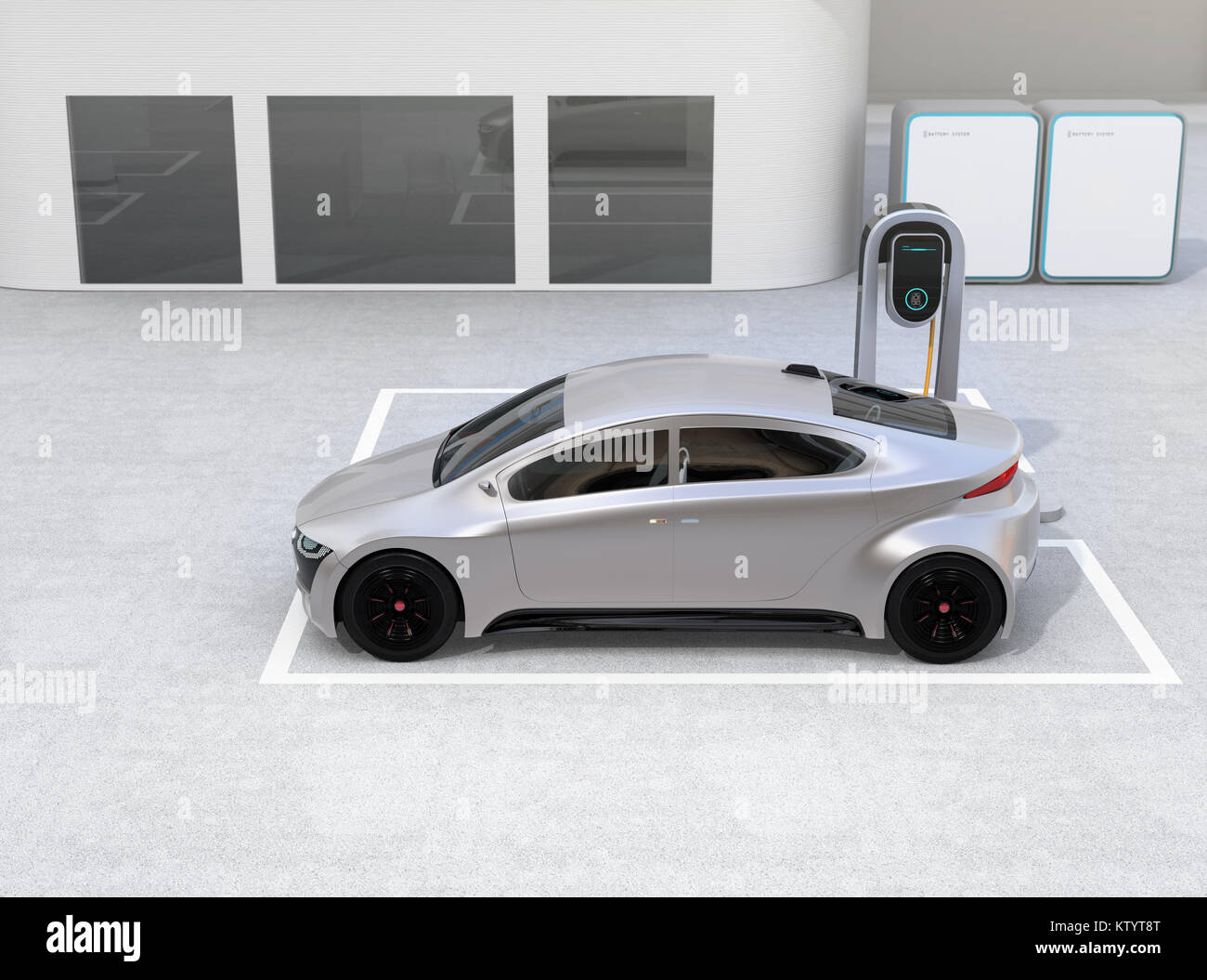 Side view of electric sedan charging at charging station. 3D rendering ...
