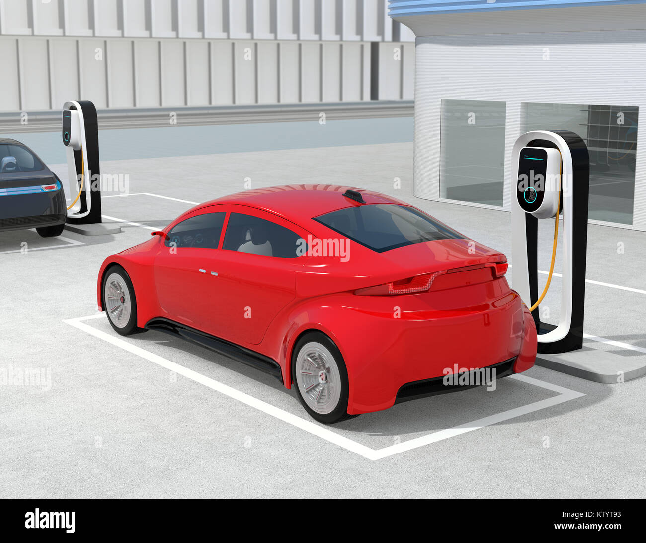 Red electric car charging at charging station. 3D rendering image Stock ...