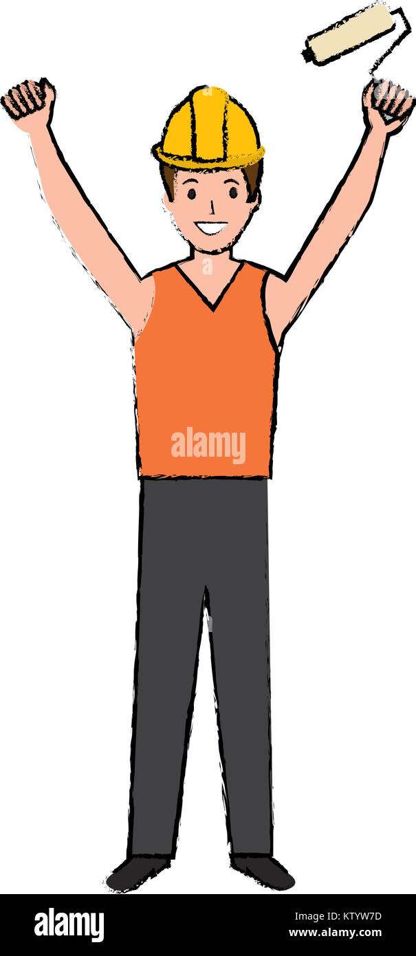construction worker with paint roller avatar vector illustration design ...