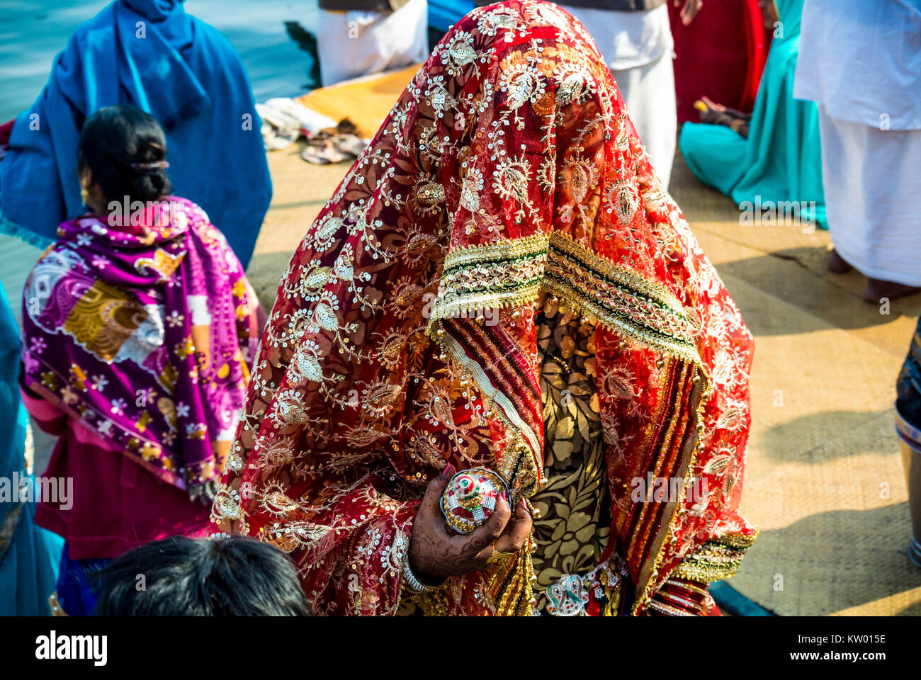 Indian woman with her face covered in sari, Varanasi, Uttar Pradesh ...