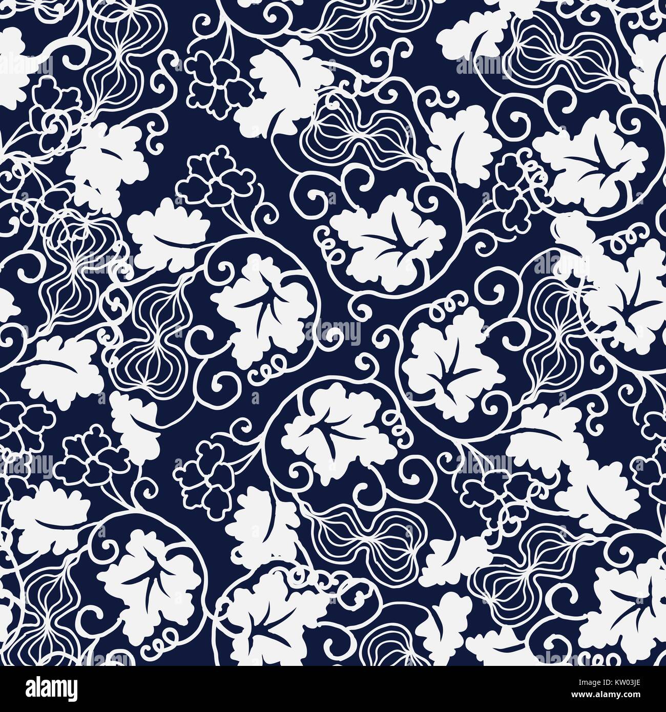 Seamless Blue Japanese Background Gourd Spiral Leaf Vine Stock Vector ...