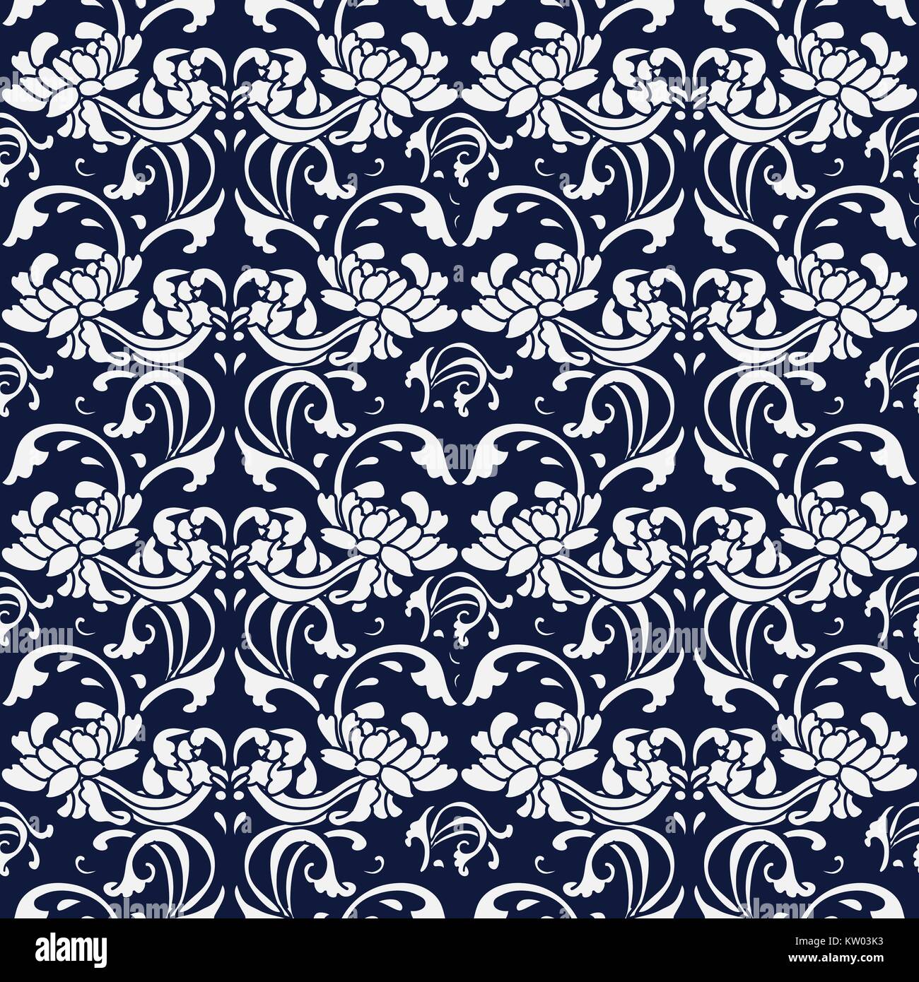 Seamless Blue Japanese Background Garden Spiral Curve Flower Vine Stock ...