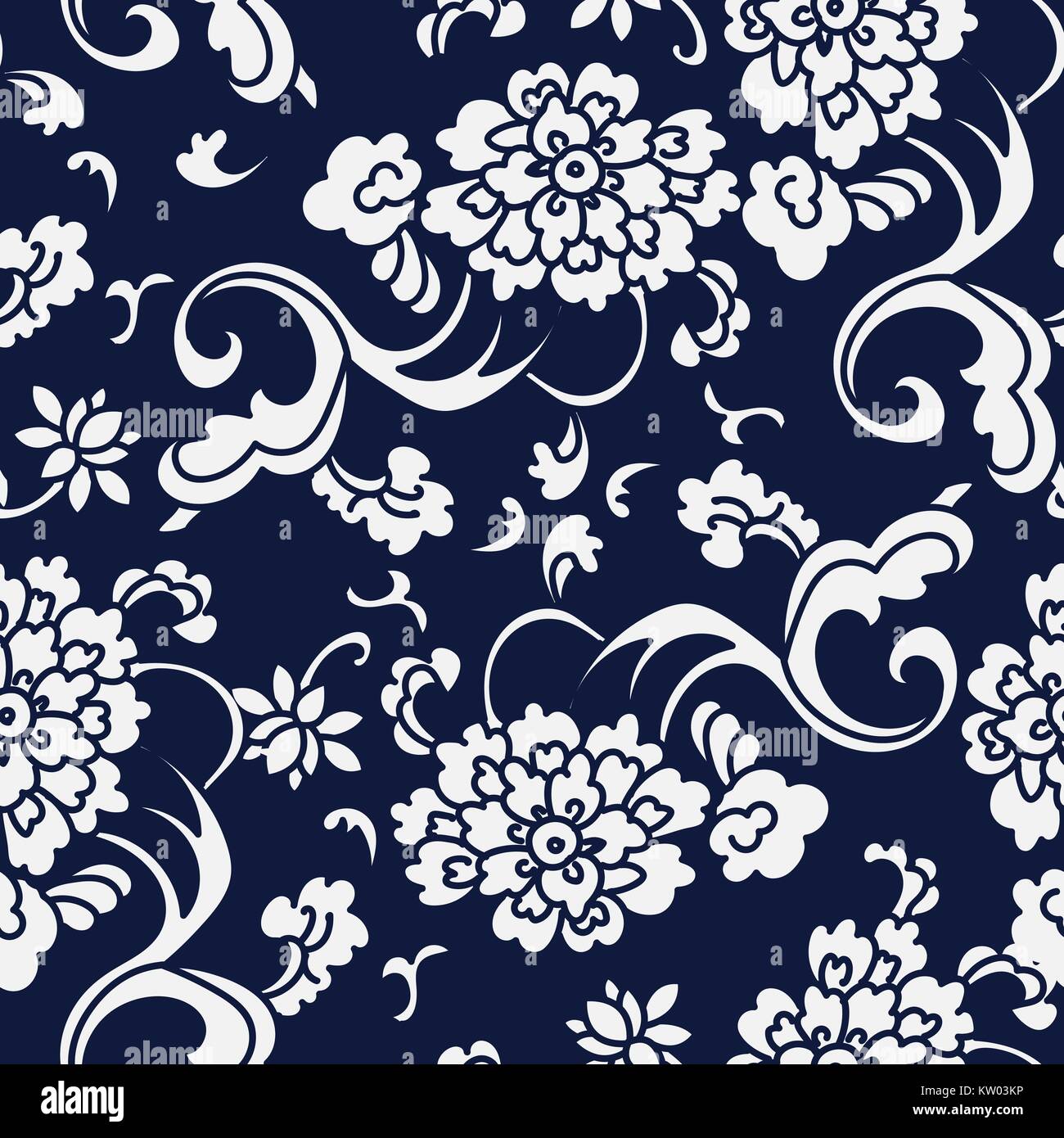 Seamless Blue Japanese Background Garden Spiral Curve Flower Vine Stock ...