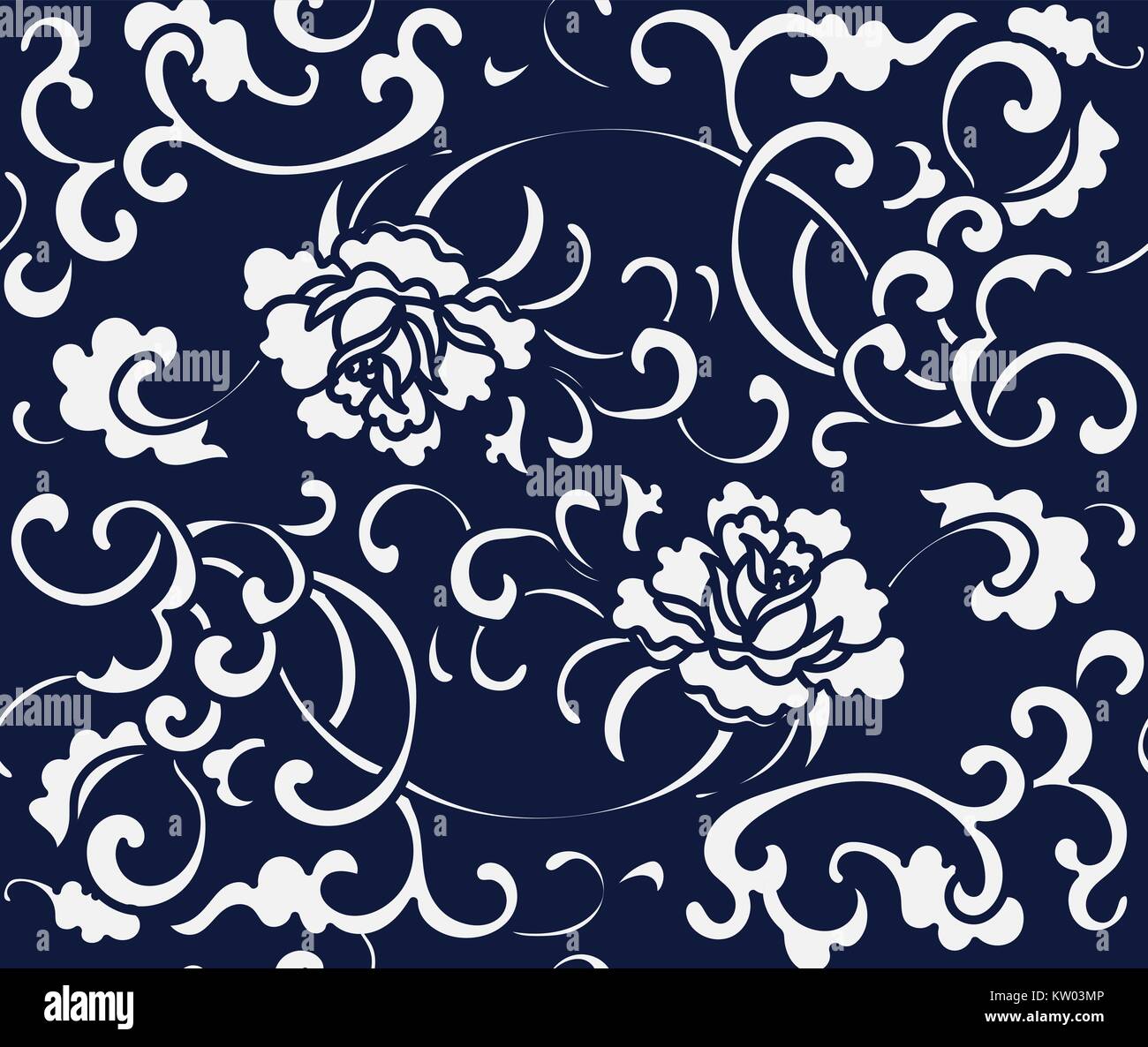 Seamless Blue Japanese Background Garden Spiral Vine Flower Stock ...