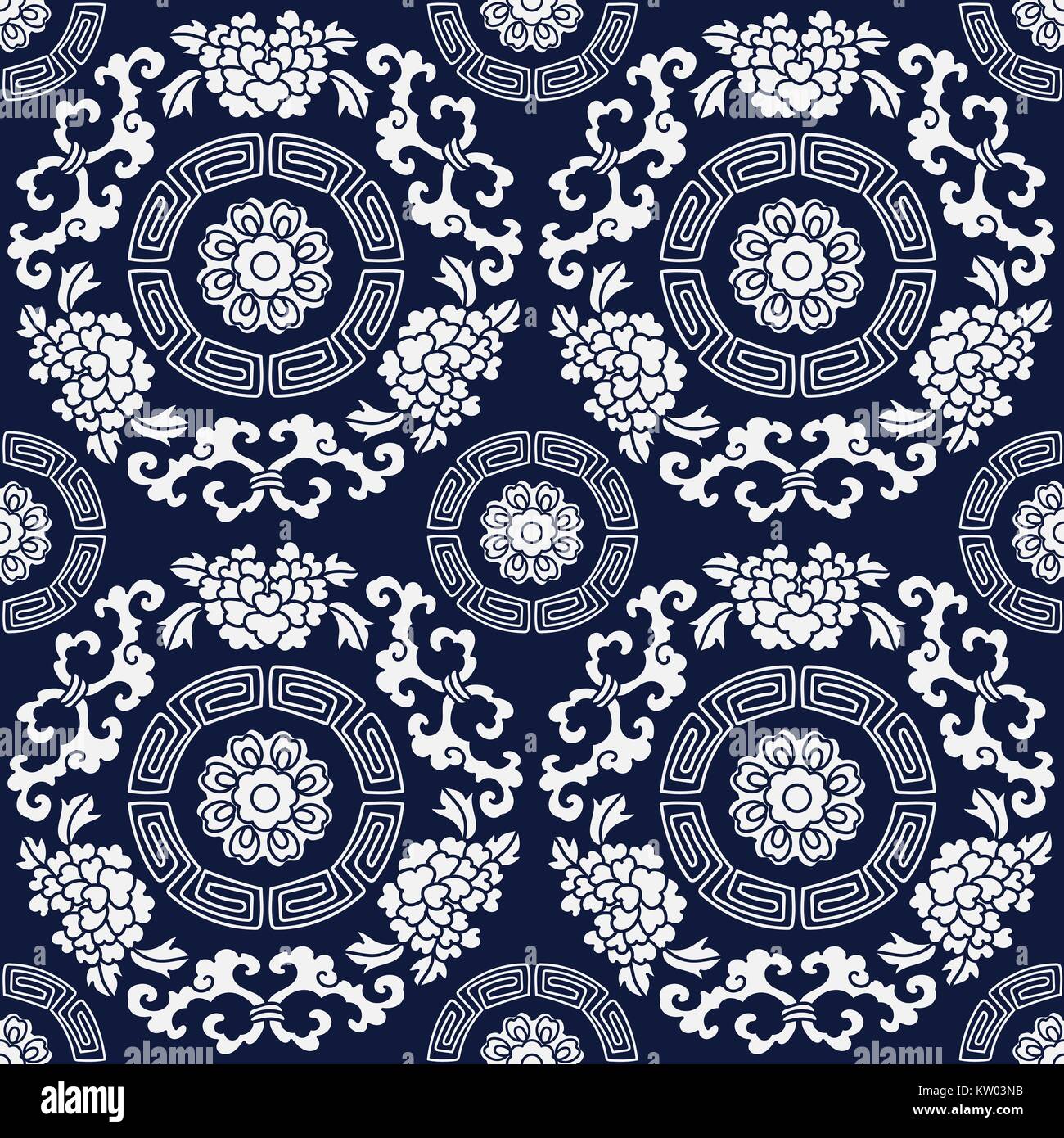 Seamless Blue Japanese Background Round Spiral Frame Flower Vine Stock ...