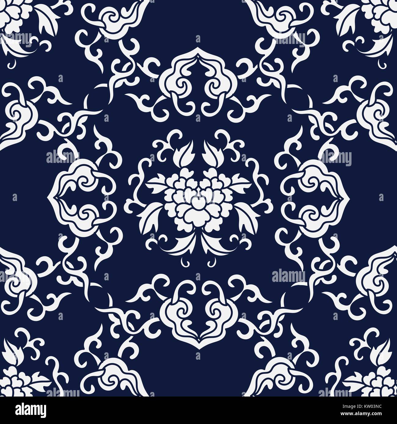 Seamless Blue Japanese Background Spiral Curve Cross Flower Leaf Stock ...