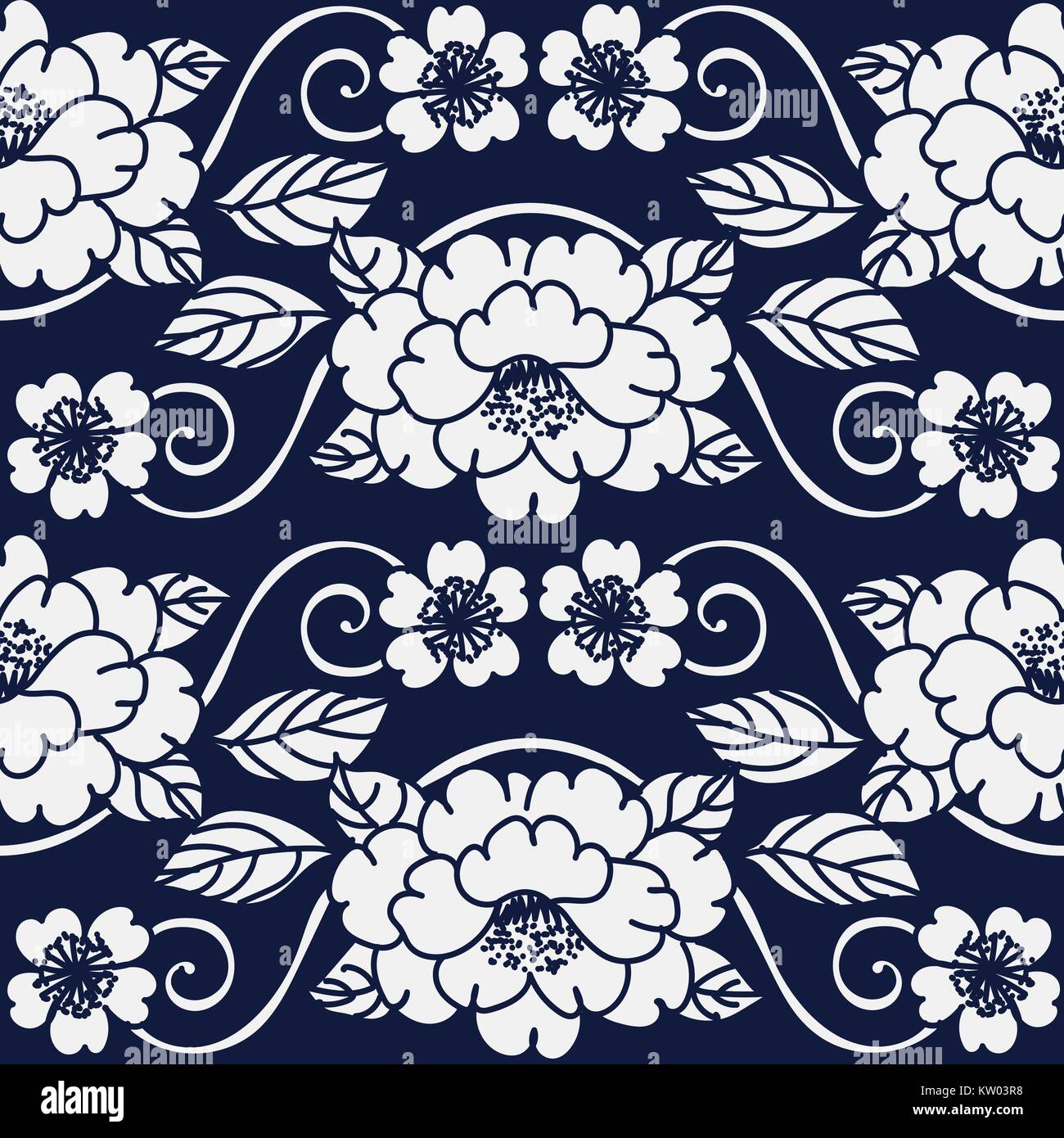 Seamless Blue Japanese Background Garden Curve Spiral Vine Flower Stock ...