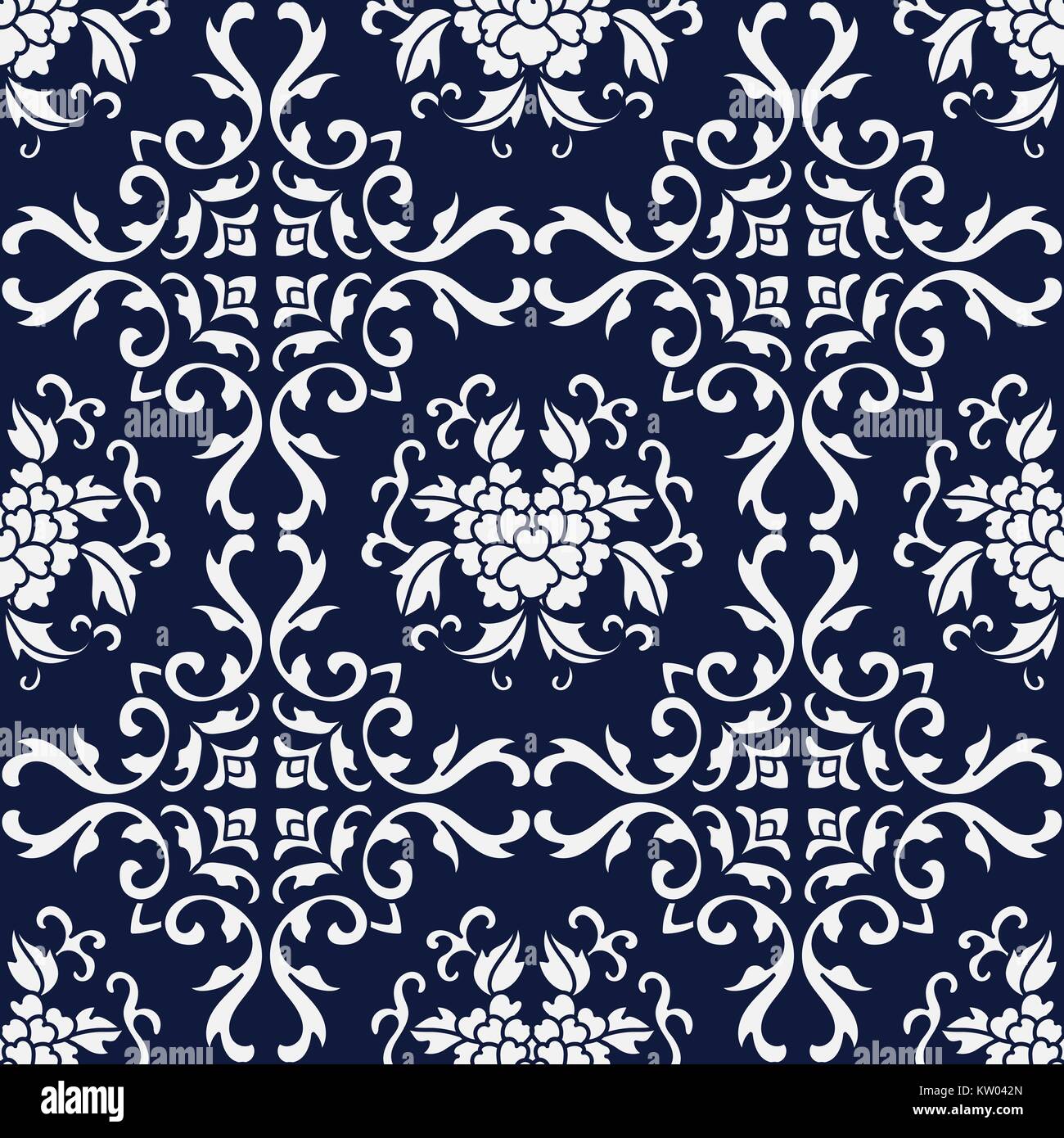 Seamless Blue Japanese Background Curve Vine Leaf Flower Stock Vector ...
