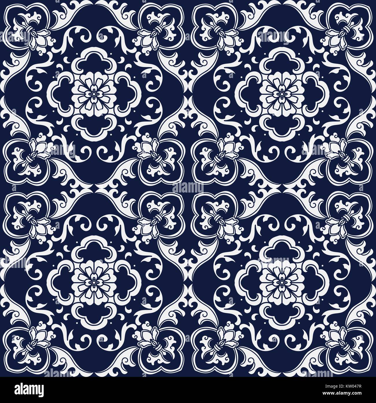 Seamless Blue Japanese Background Spiral Leaf Vine Flower Stock Vector ...