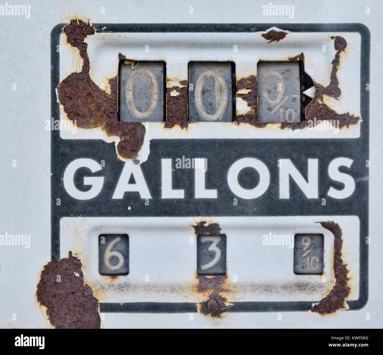 Old rusty american gas pump panel, displaying the price in dollars and ...