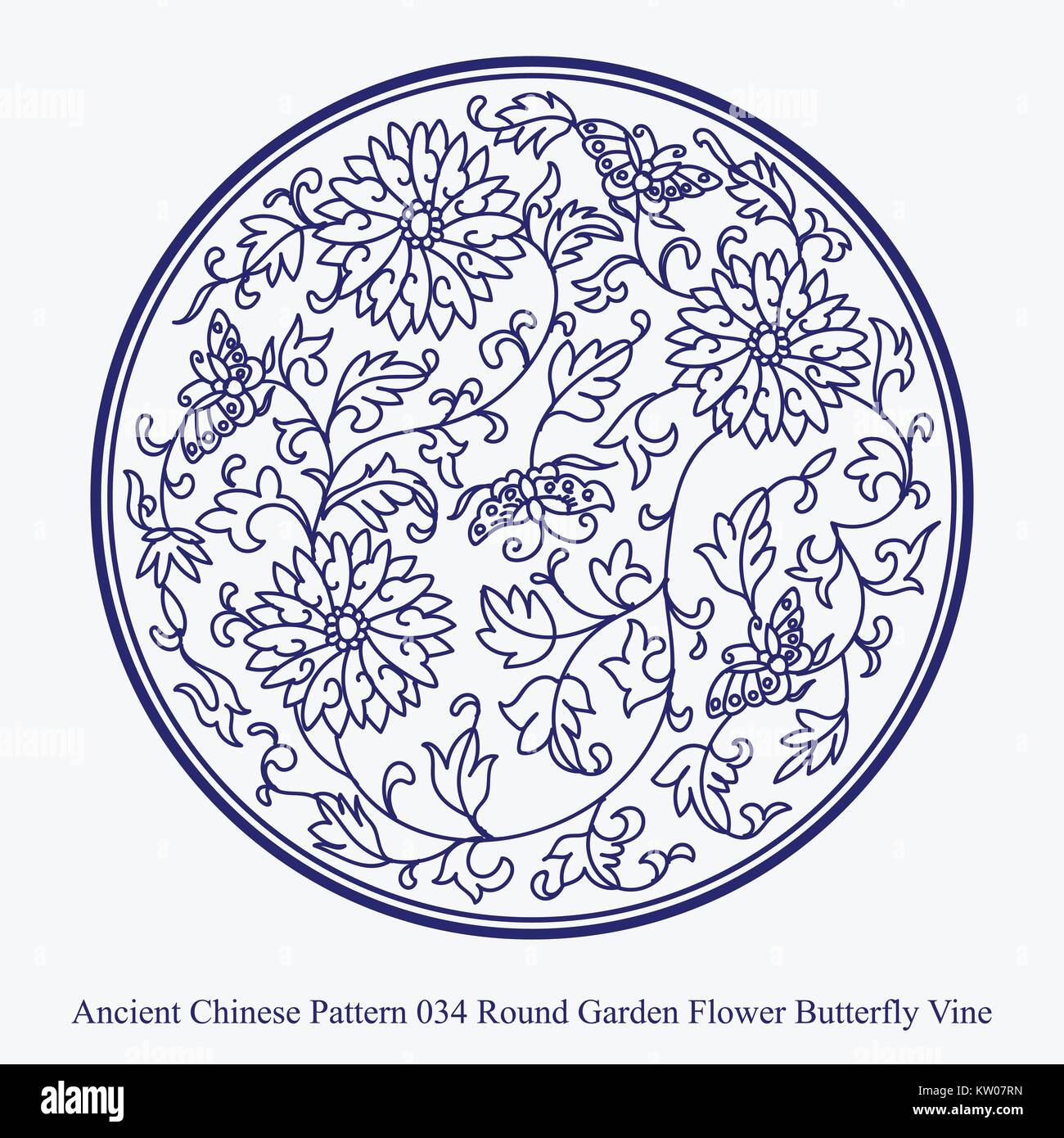 Ancient Chinese Pattern of Round Garden Flower Butterfly Vine Stock ...