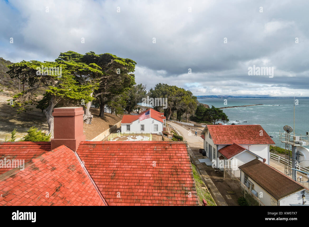 A rooftop view from the top of the lighthouse overlooking the buildings ...