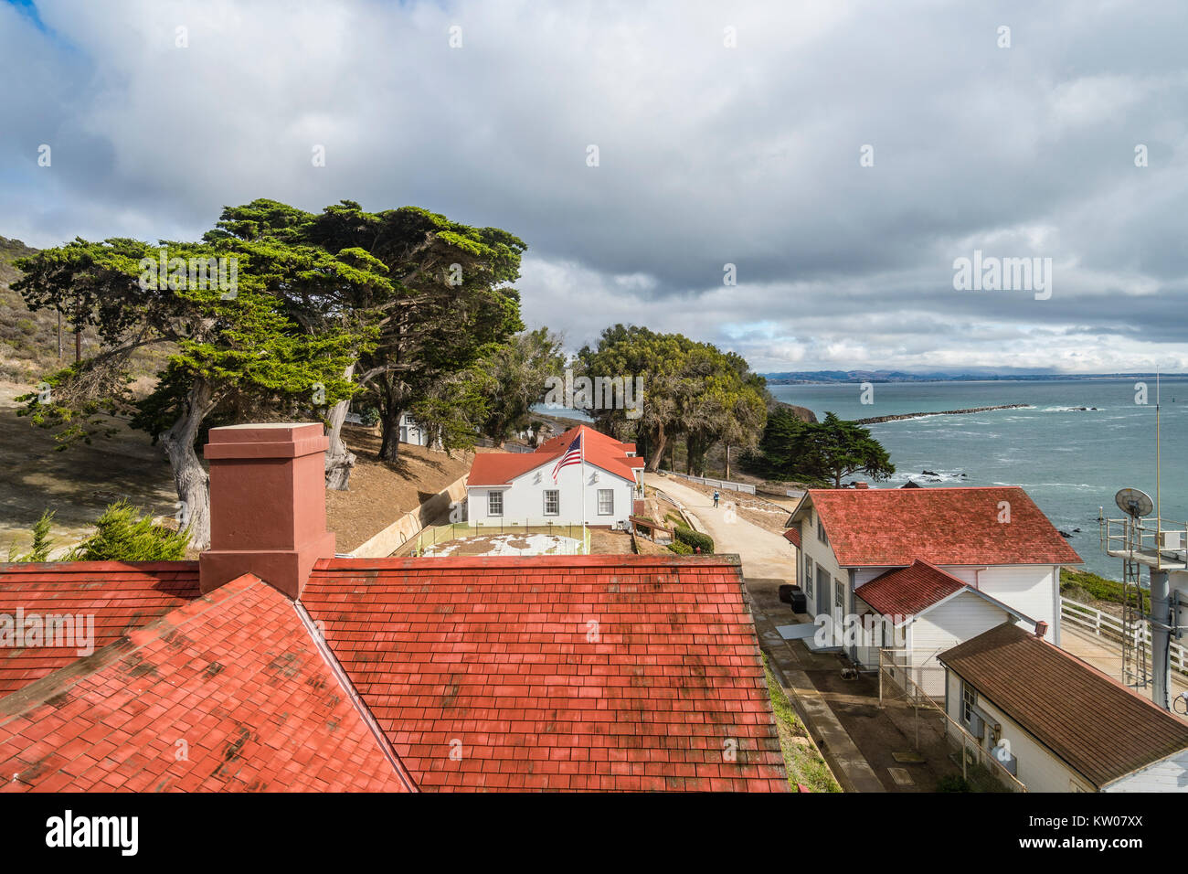 A rooftop view from the top of the lighthouse overlooking the buildings ...