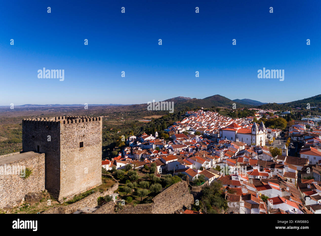 Aerial view of the Castelo de Vide castle and village in Alentejo ...