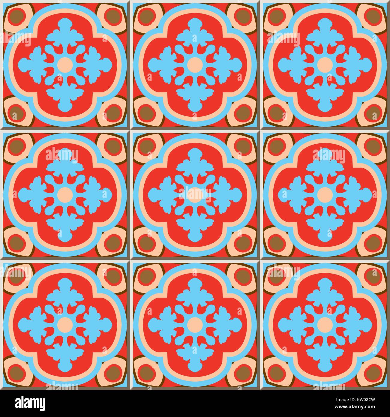 Ceramic tile pattern of retro red blue curve cross kaleidoscope Stock ...