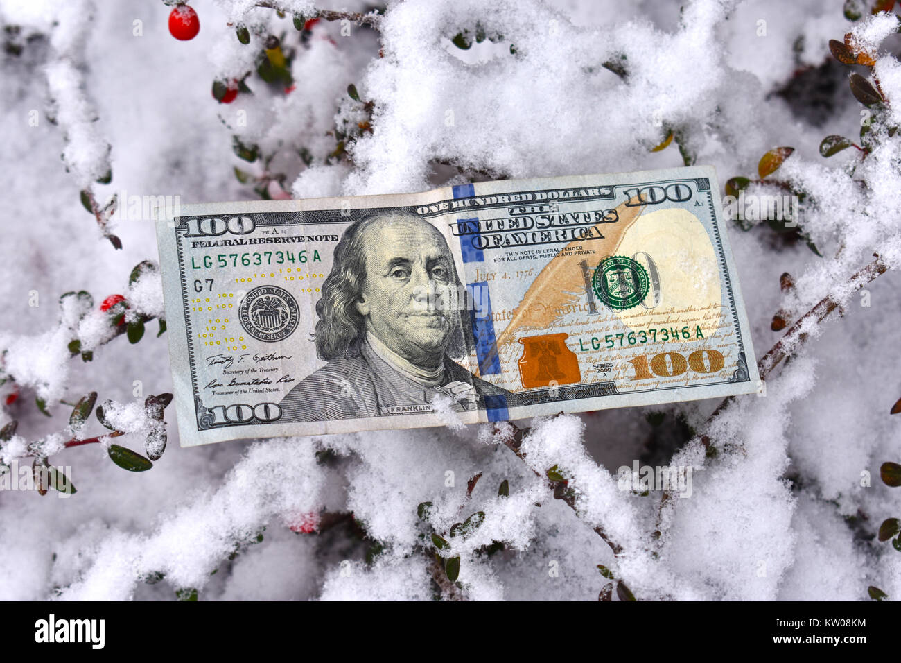 A 100 dollar U.S. bill laying in the snow - a cost of winter concept ...