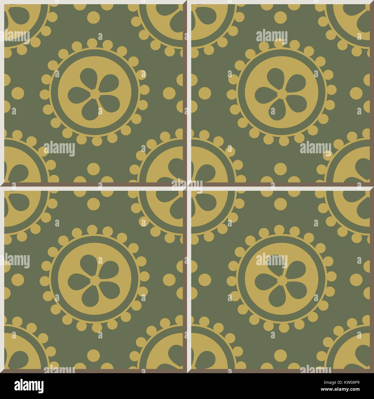 Ceramic tile pattern of retro golden and green round flower Stock ...