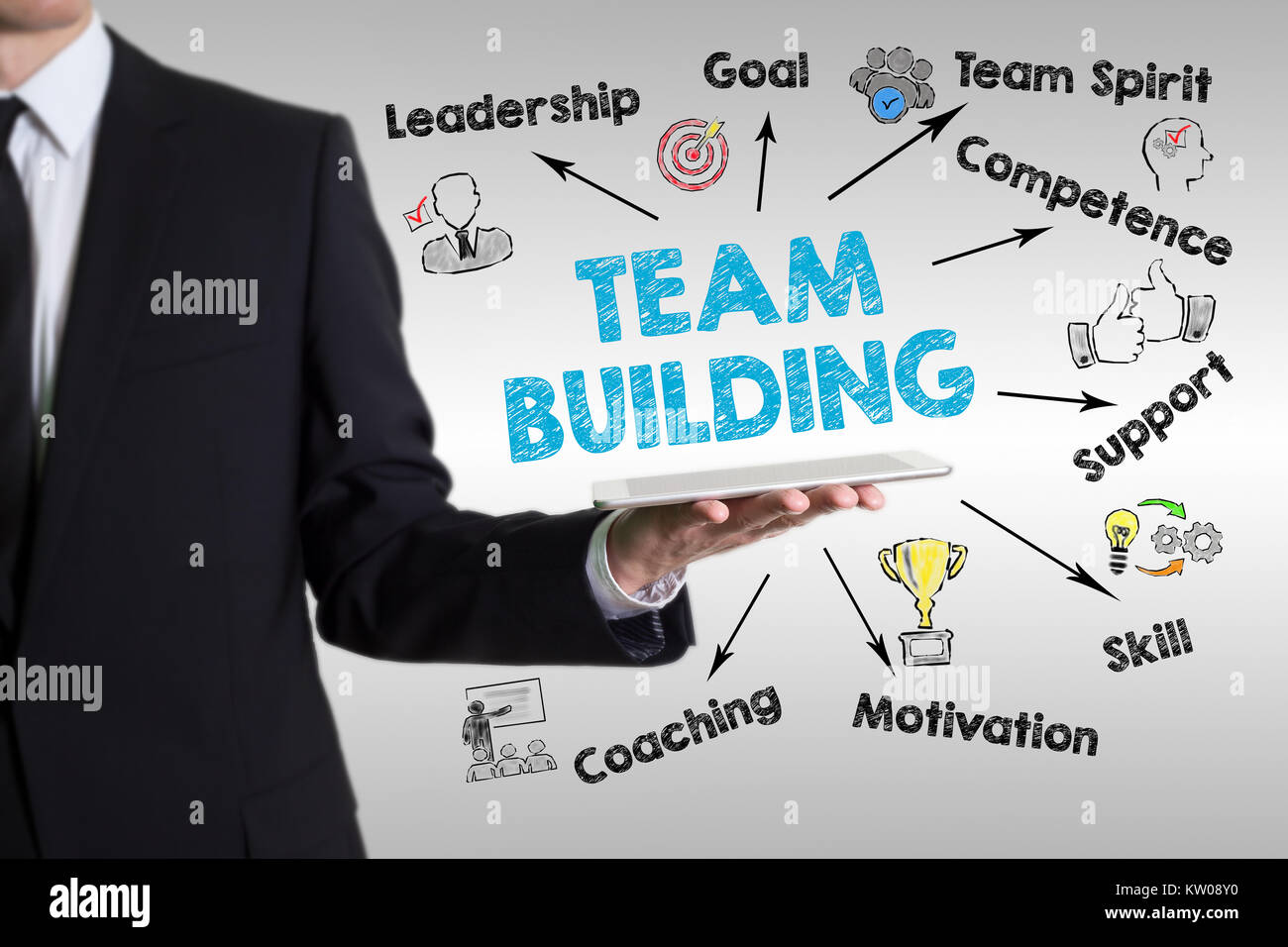 team building concept. Chart with keywords and icons. Man holding a ... team building concept. Chart with keywords and icons. Man holding a ...