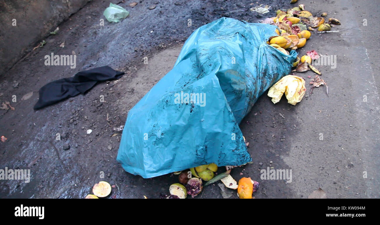 blue garbage bags at the road side on outdoor, Garbage, trash, waste ...