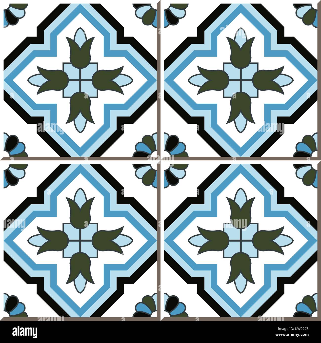 Ceramic tile pattern of cross blue flower green blue polygon ...