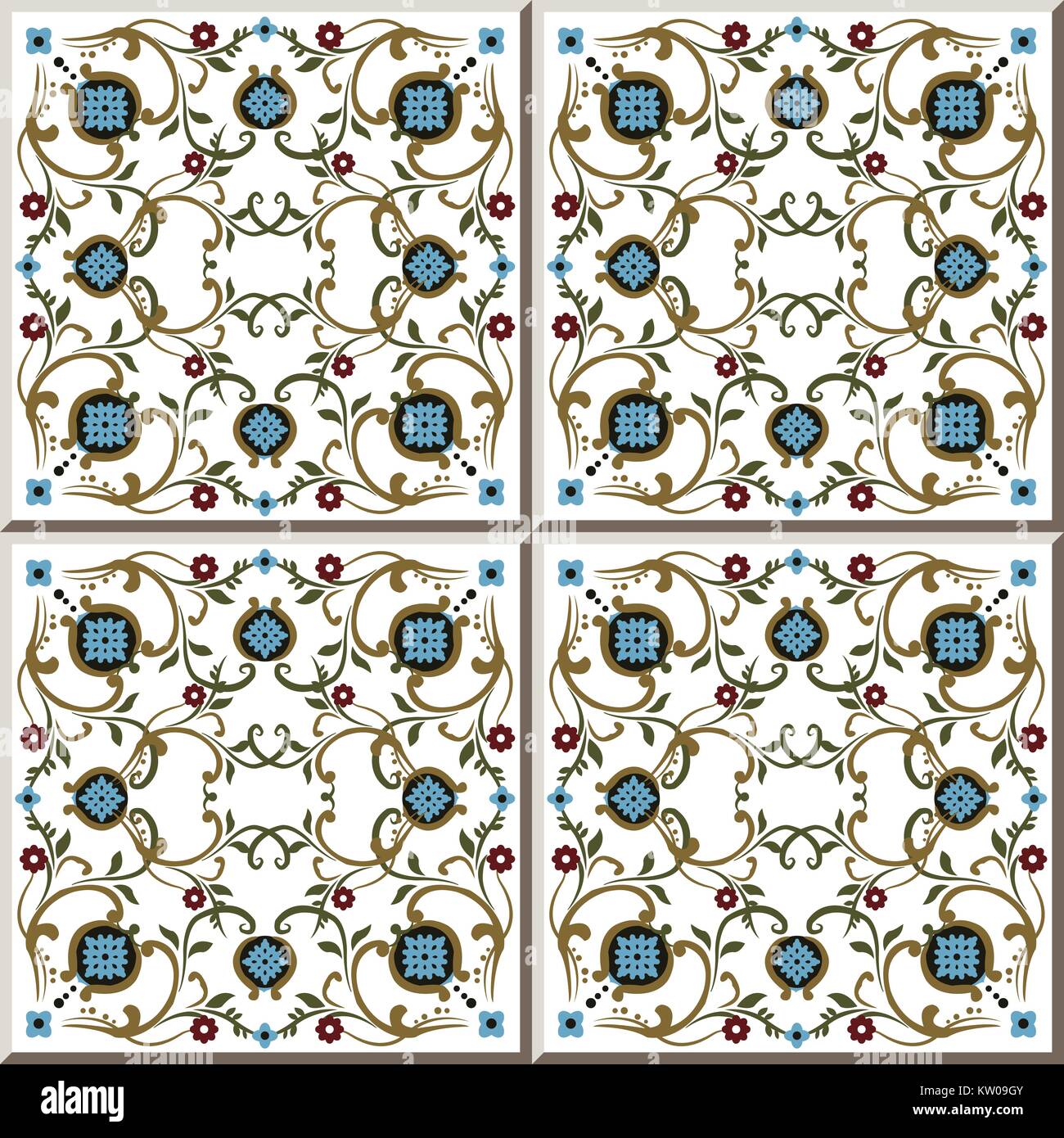 Ceramic tile pattern of botanic garden spiral cross red flower golden ...