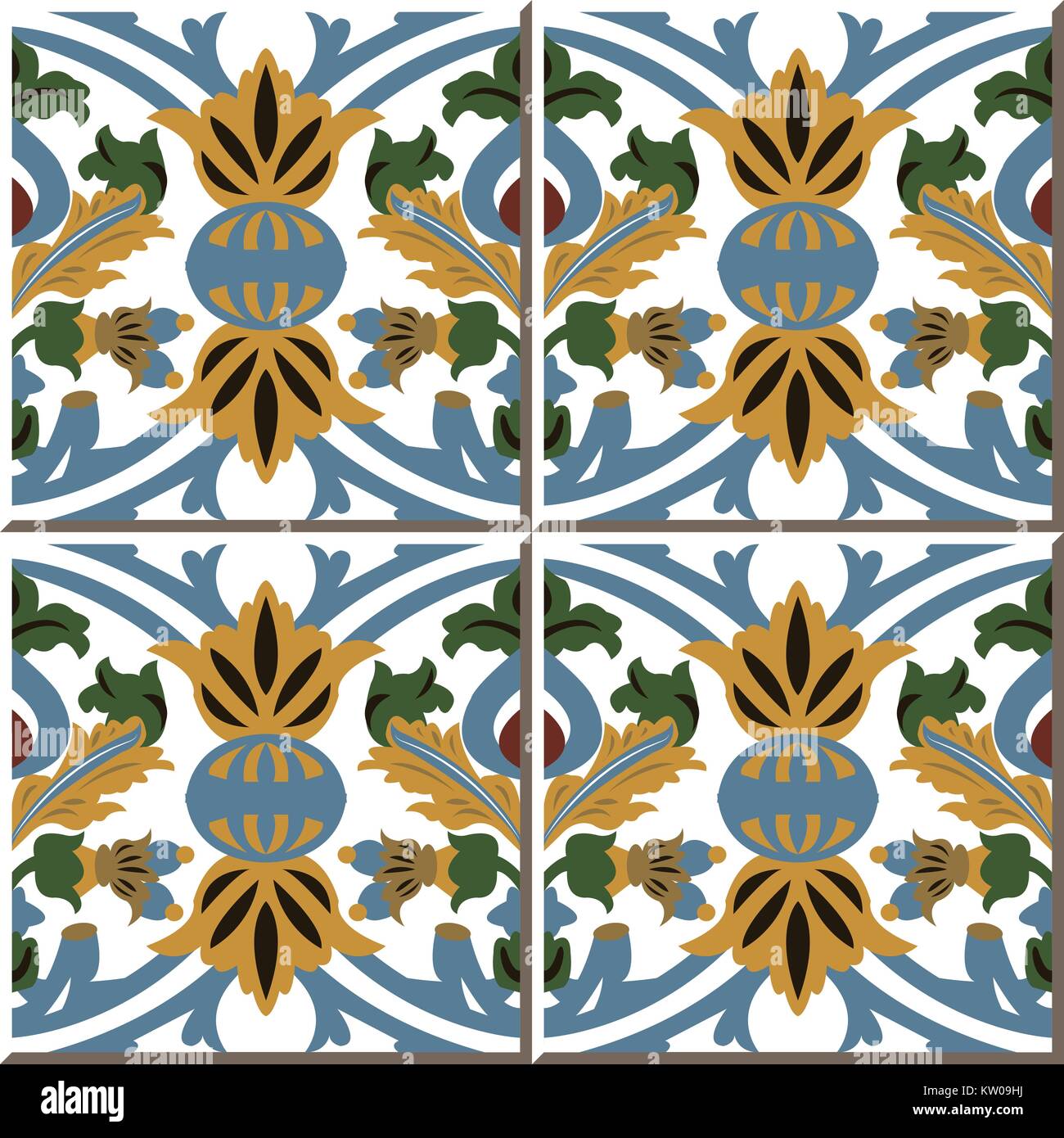 Ceramic tile pattern of retro botanic garden round curve flower leaf ...