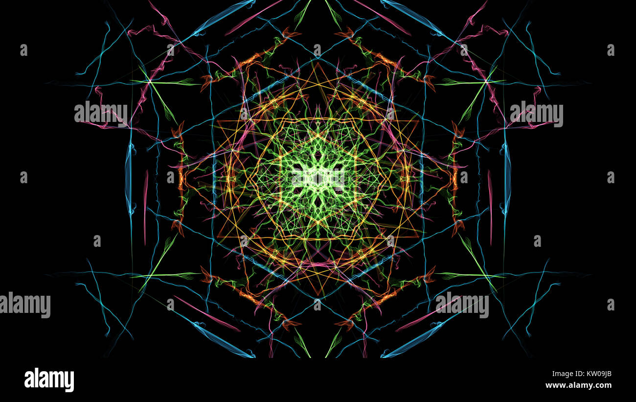 The bright colors of the lines on black background. Silk symmetry ...
