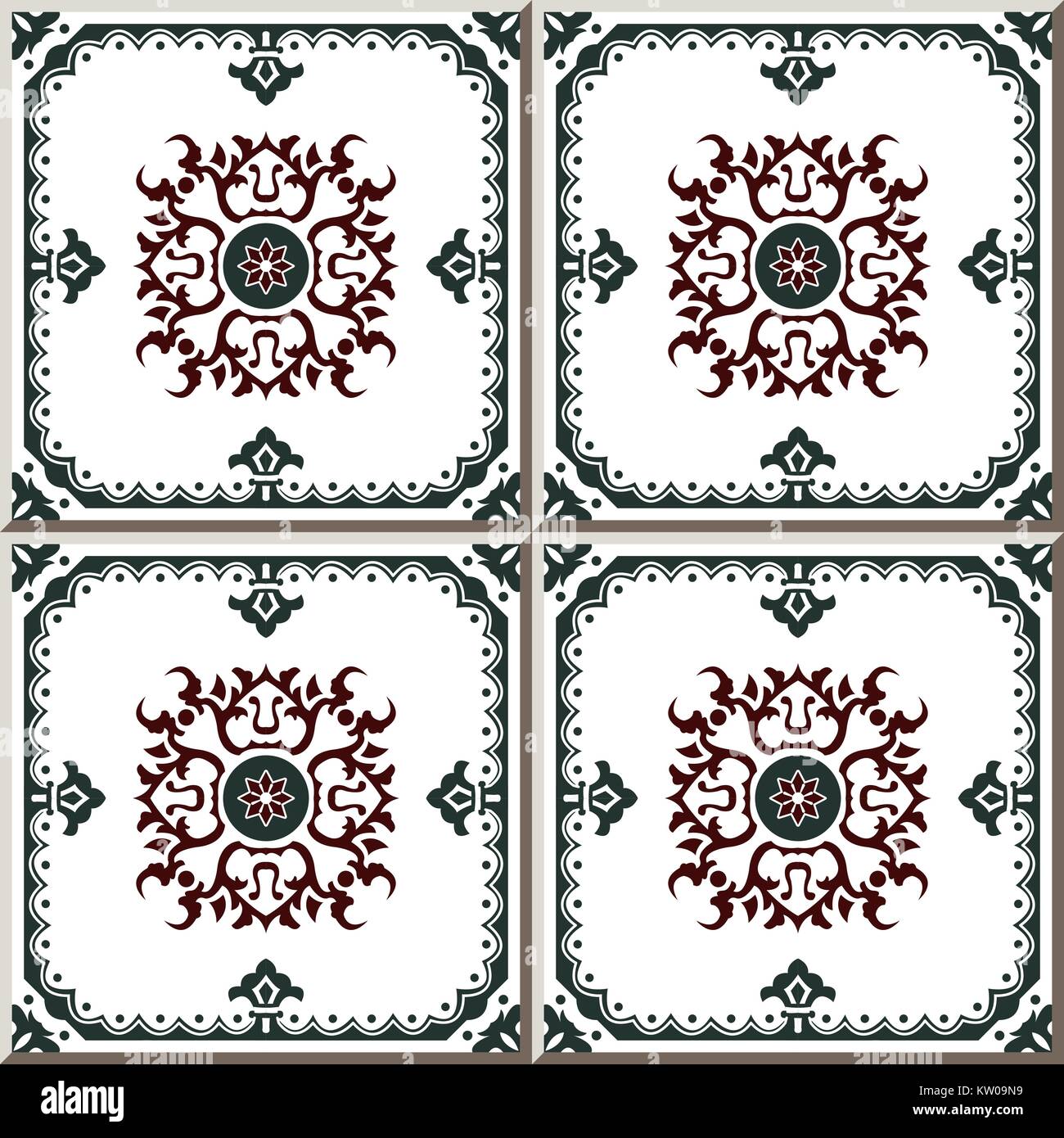 Ceramic tile pattern of green round polygon frame red spiral flower ...