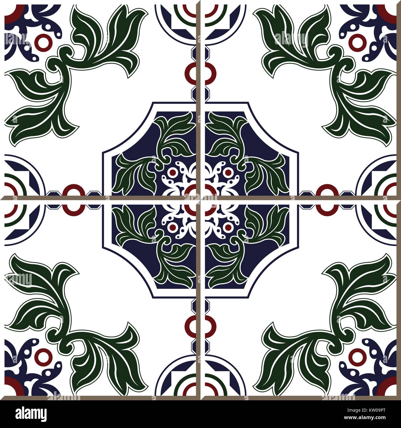 Ceramic tile pattern of botanic garden retro green leaf round polygon ...