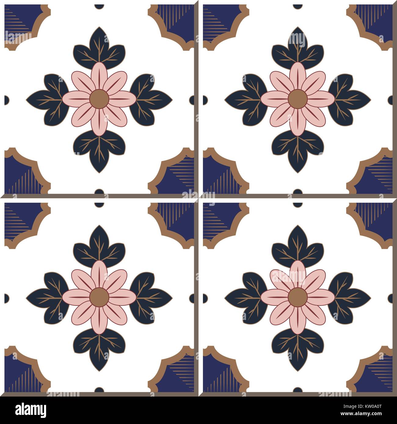 Ceramic tile pattern of botanic garden pink golden flower leaf Stock ...