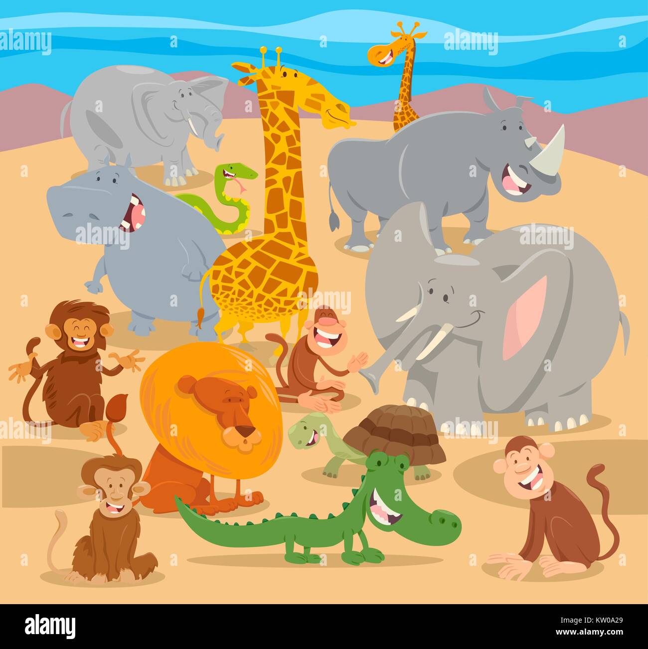 Cartoon Illustration of Happy Safari Animal Characters Group Stock ...