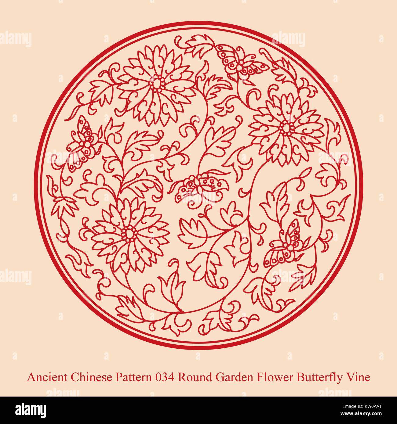 Ancient Chinese Pattern of Round Garden Flower Butterfly Vine Stock ...
