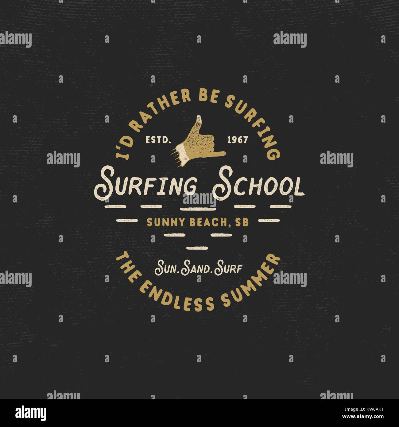 Surfing school vintage emblem. Retro logo design with shaka sign and ...
