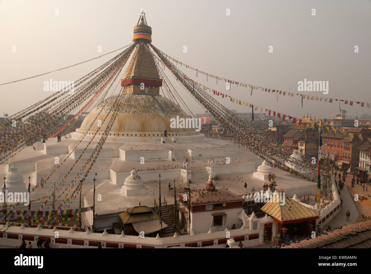 Huge white Buddhist stupa of Bodnath, photographed from a great height ...