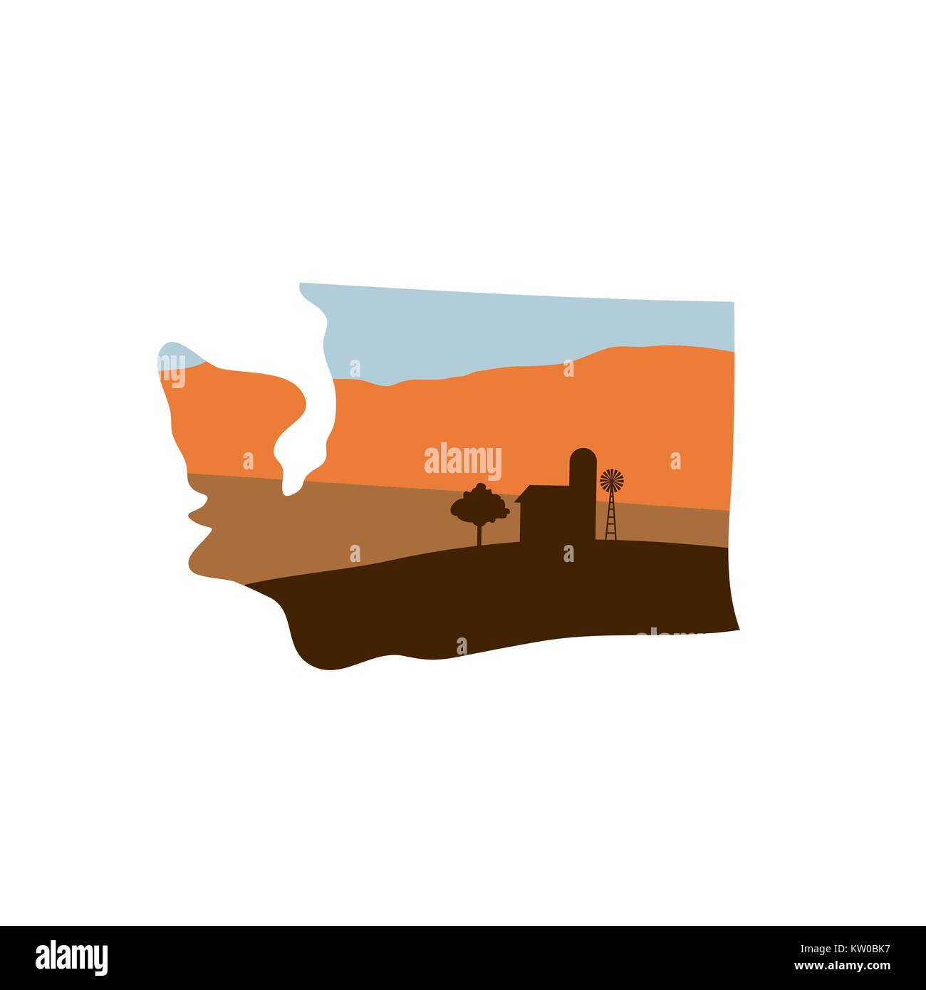 Washington State Shape w Farm at Sunset with Windmill, Barn, and a Tree ...