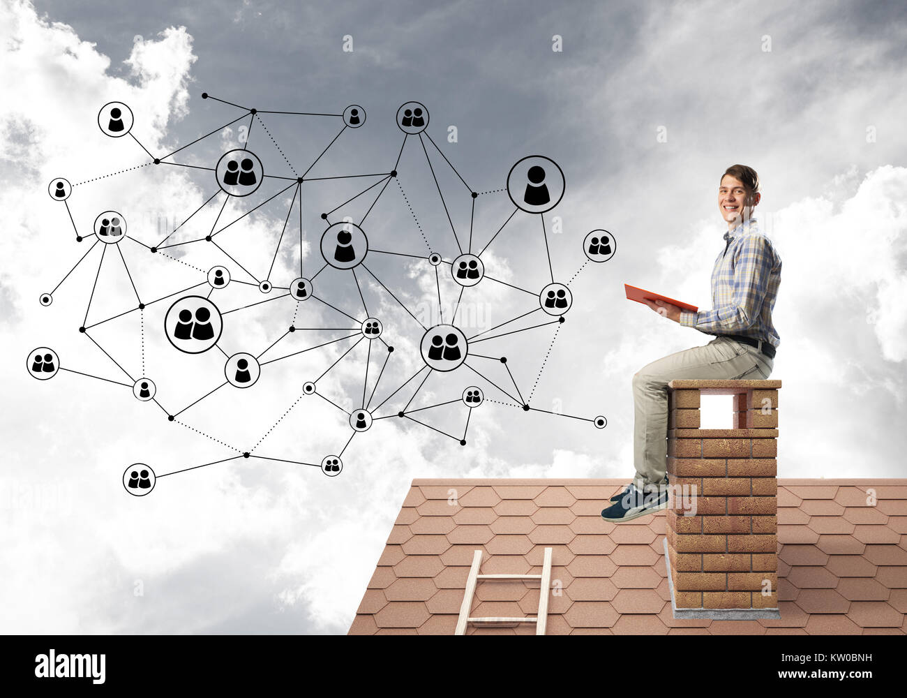 Handsome student guy reading book and concept of social connection ...