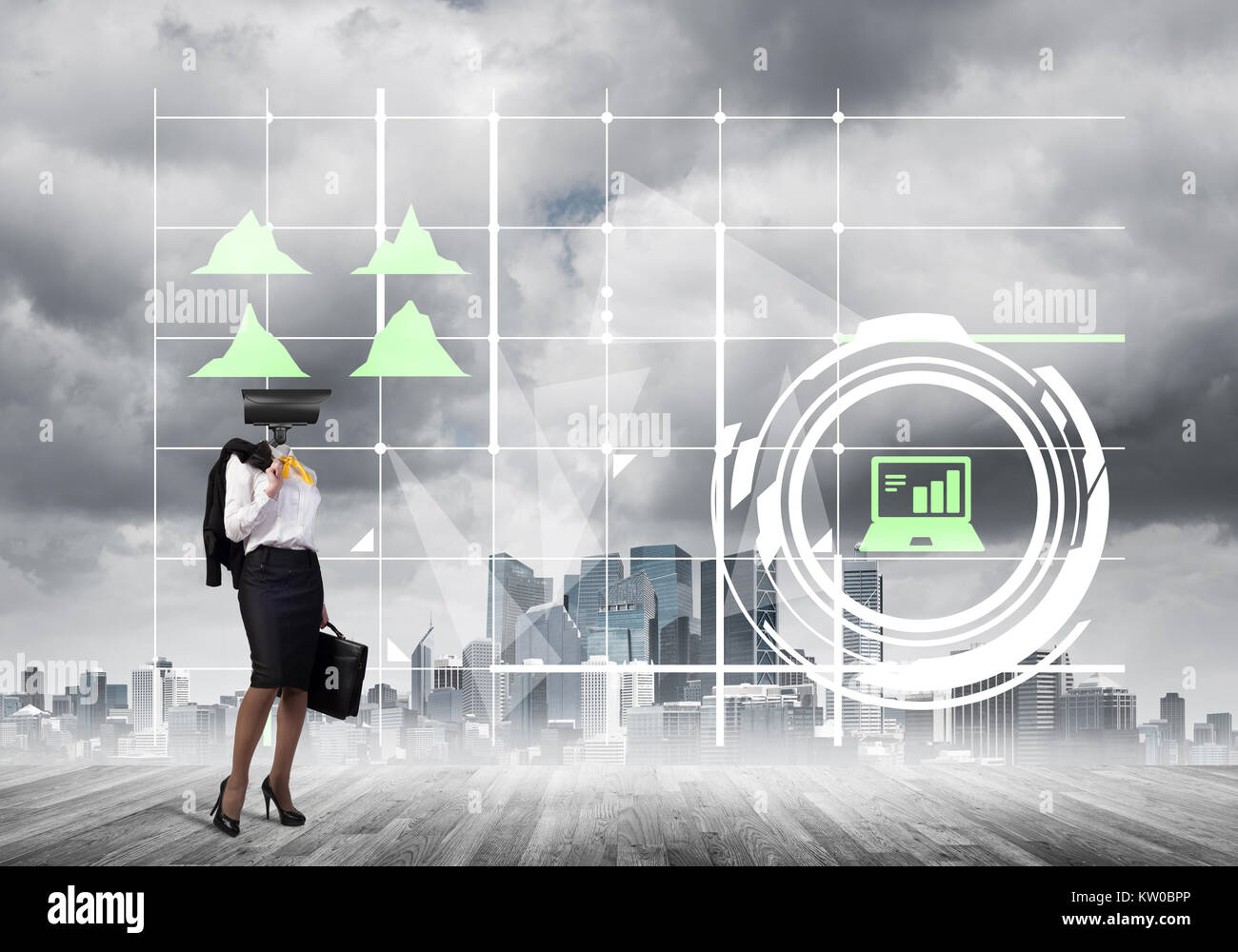 Concept of security and privacy protection with camera headed woman ...