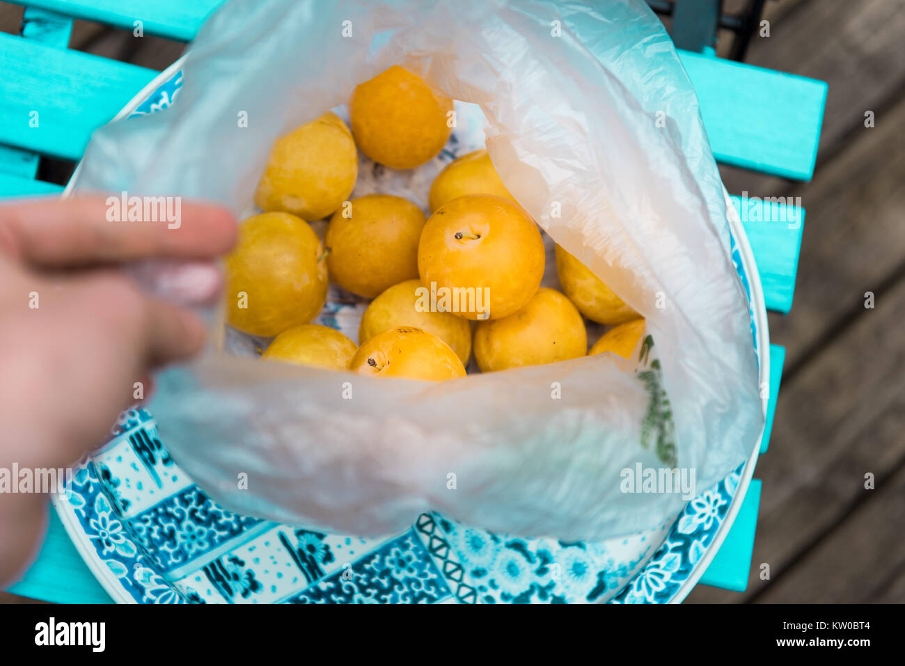 Plastic Bag Full of Yellow Plums from Farmer's Market Stock Photo - Alamy