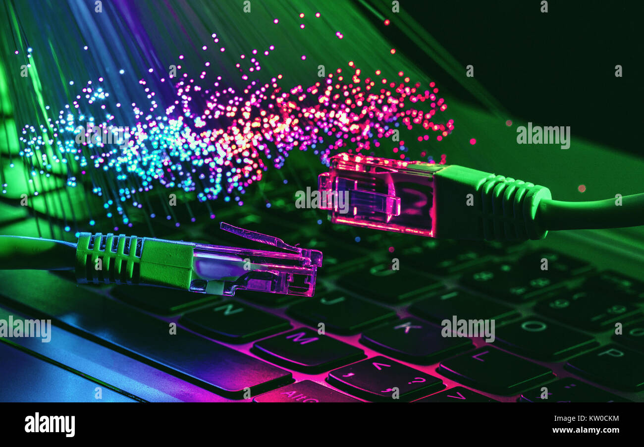 network cable closeup with fiber optical background, color fiber ...