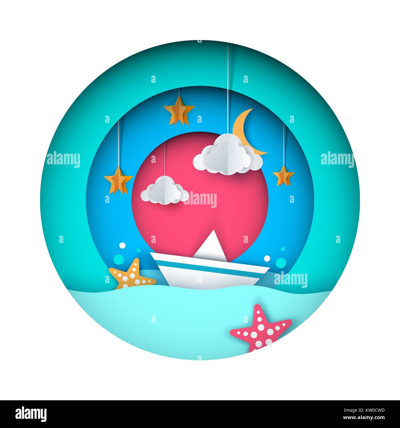 Paper origami illustration. Ship, cloud, star, moon Stock Vector Image ...