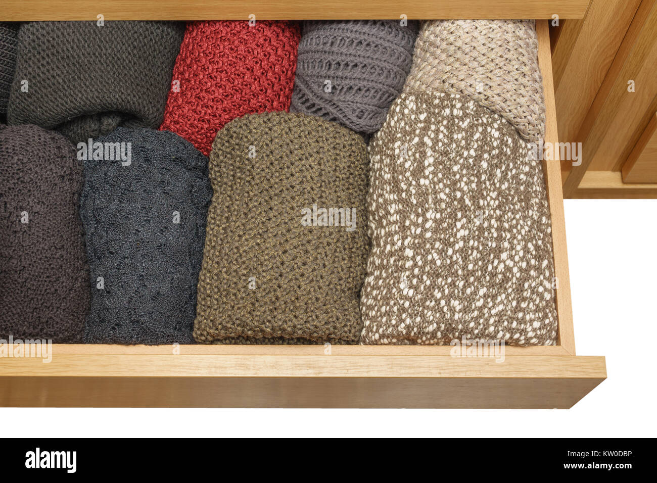 Open a well-organized drawer, top view, white background Stock Photo ...