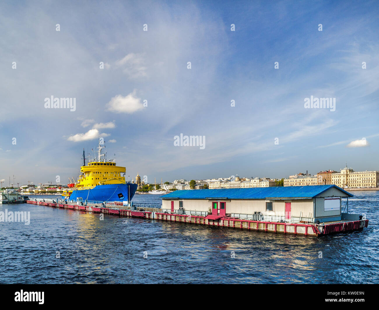 Icebreaker diesel near the pier on the Neva River in the city of St ...