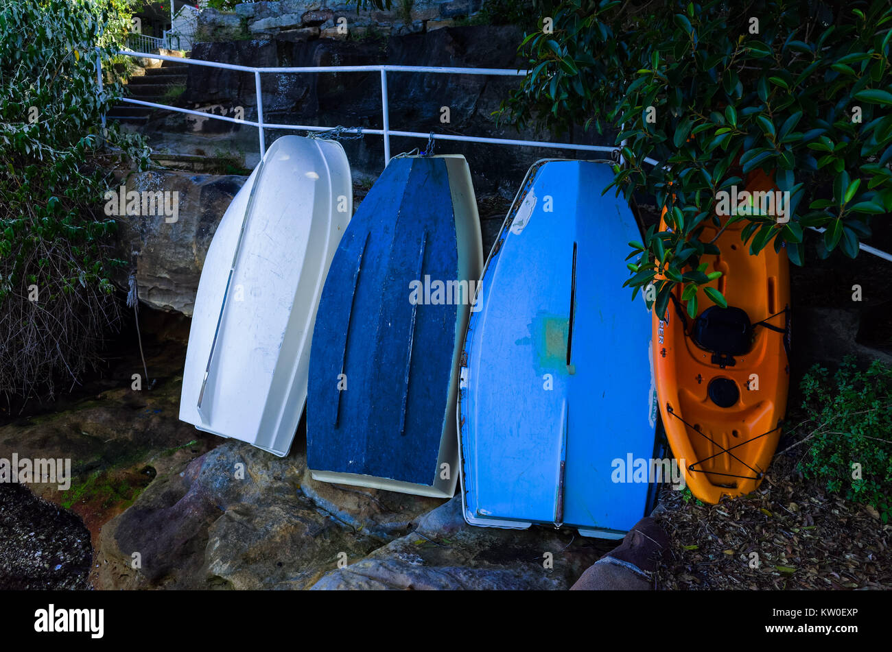 Boats Leaning Against a Rock at a seashore in Snails Bay Birchgrove ...