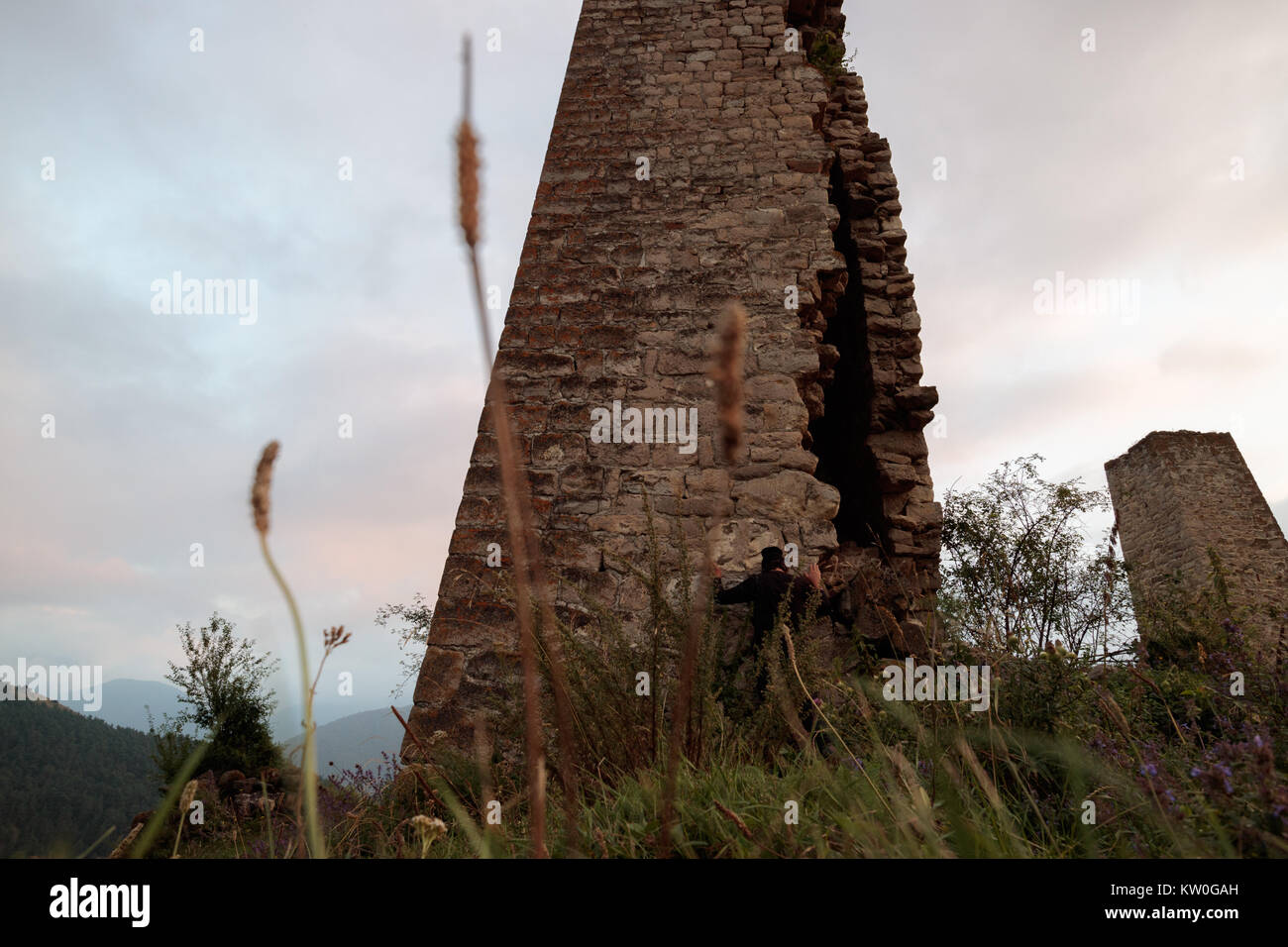 Military medieval tower (watchtower) of Vainakh architecture at sunset ...