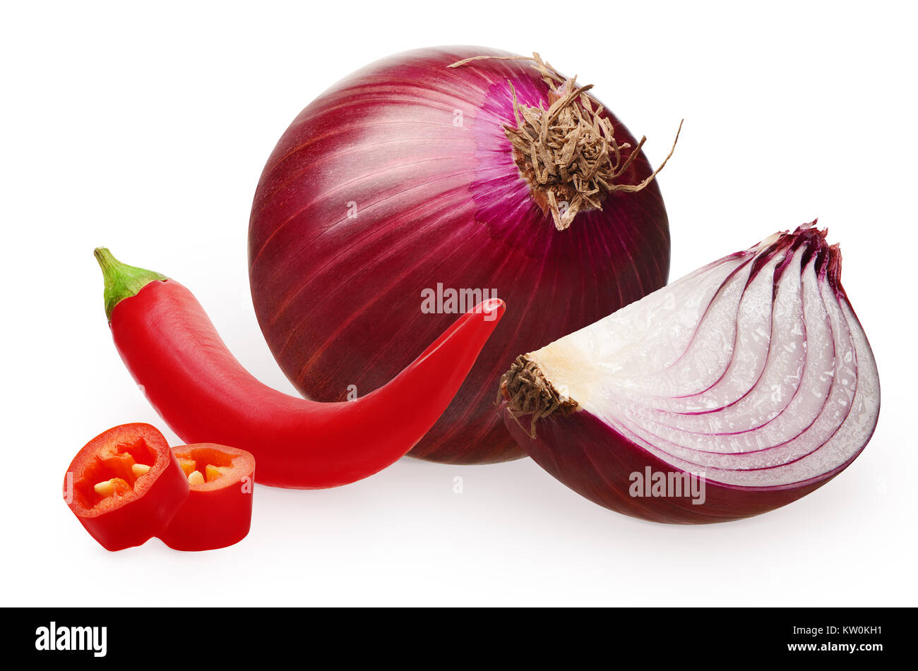 Whole fresh red chili pepper with chopped pieces and red onion with ...