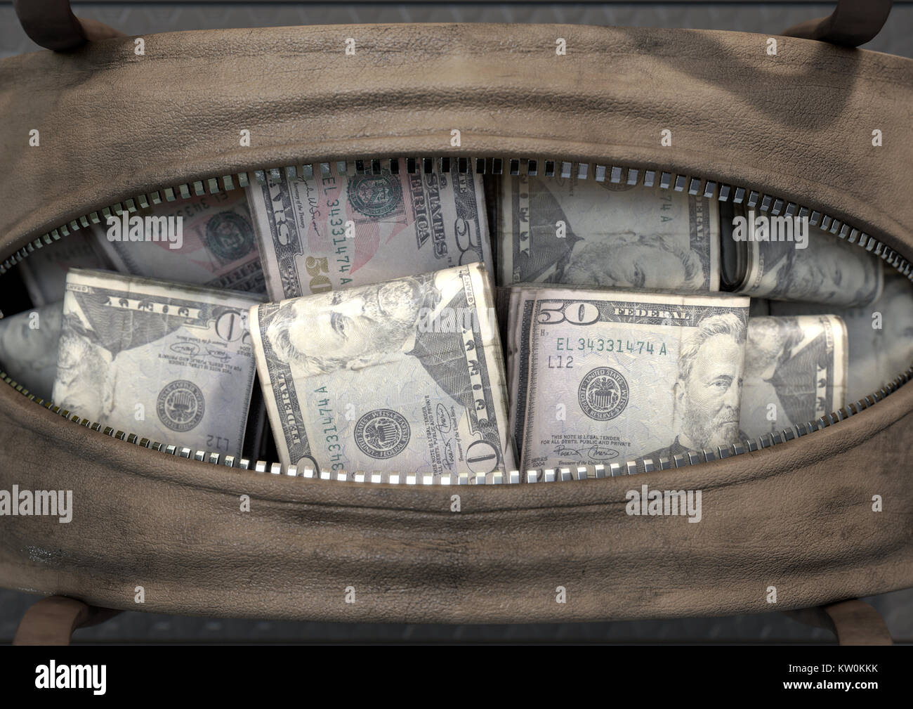 A concept depicting an open brown leather duffel bag revealing bundles ...