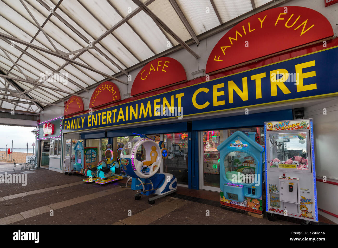 Entrance to Clarence Pier amusement arcade. Family entertainment centre ...