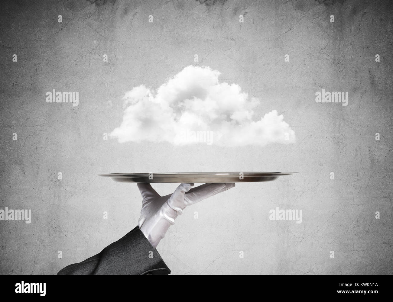 Hand of waitress presenting cloud on tray Stock Photo - Alamy